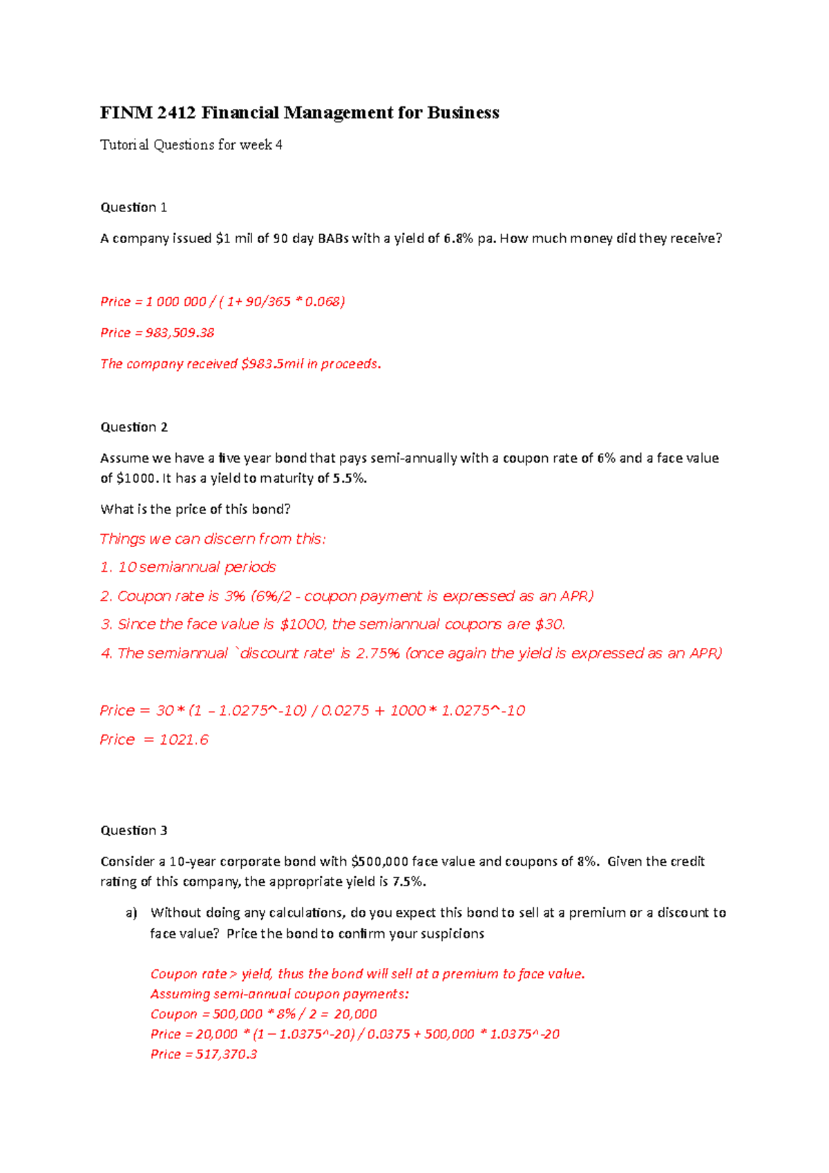 Week 4 Tutorial Answers - FINM 2412 Financial Management for Business ...