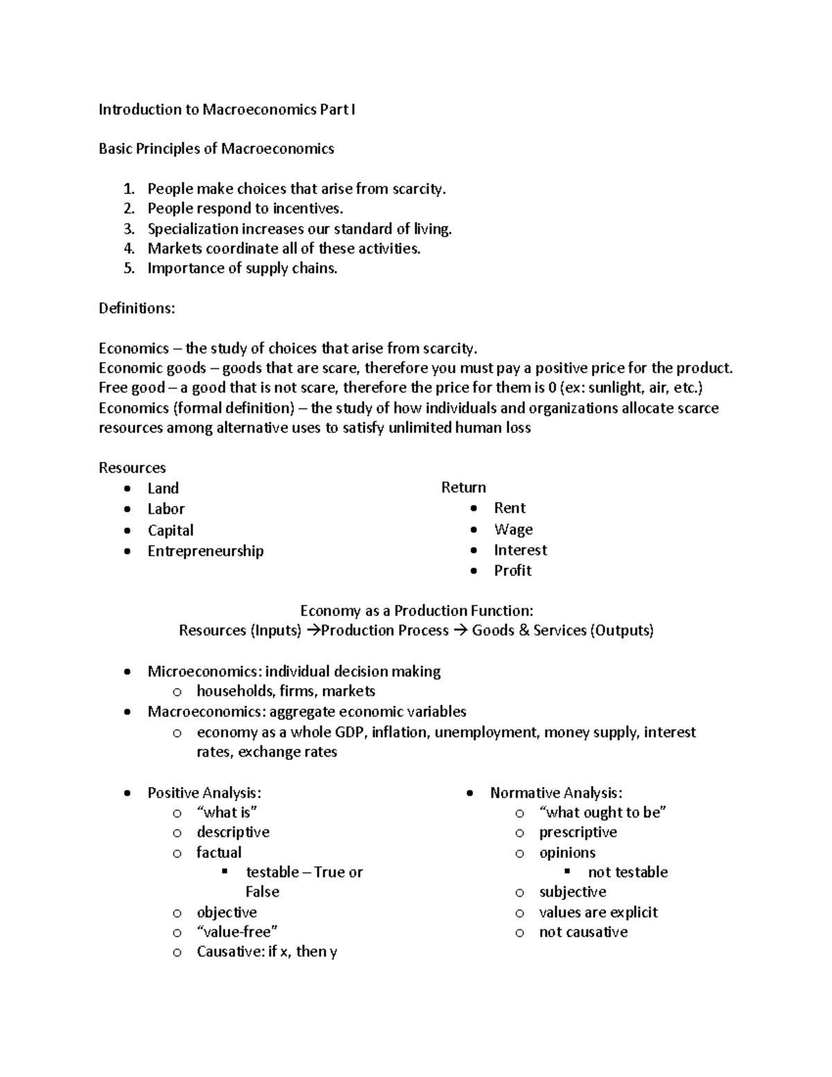 Macro notes pt1 - Introduction to Macroeconomics Part I Basic ...