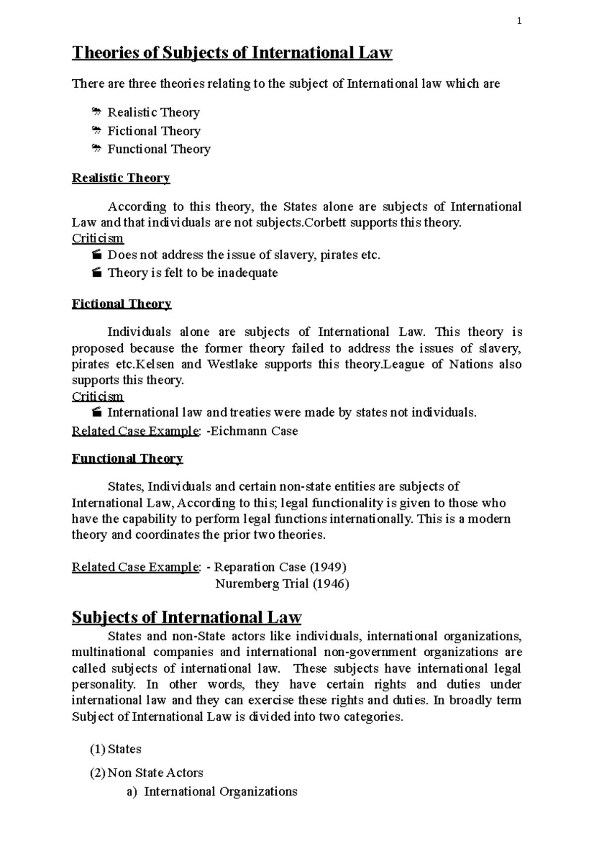 Collective International Law Handouts - 1 Theories of Subjects of ...