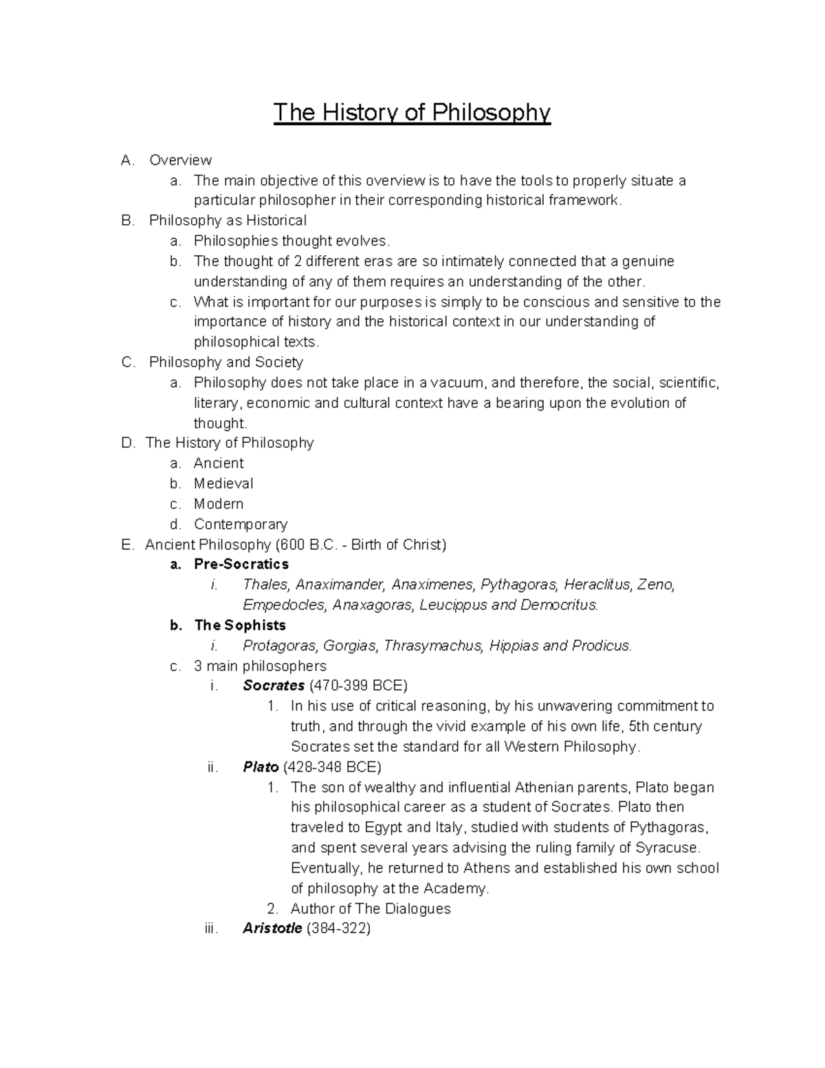 The History of Philosophy - Overview a. The main objective of this ...