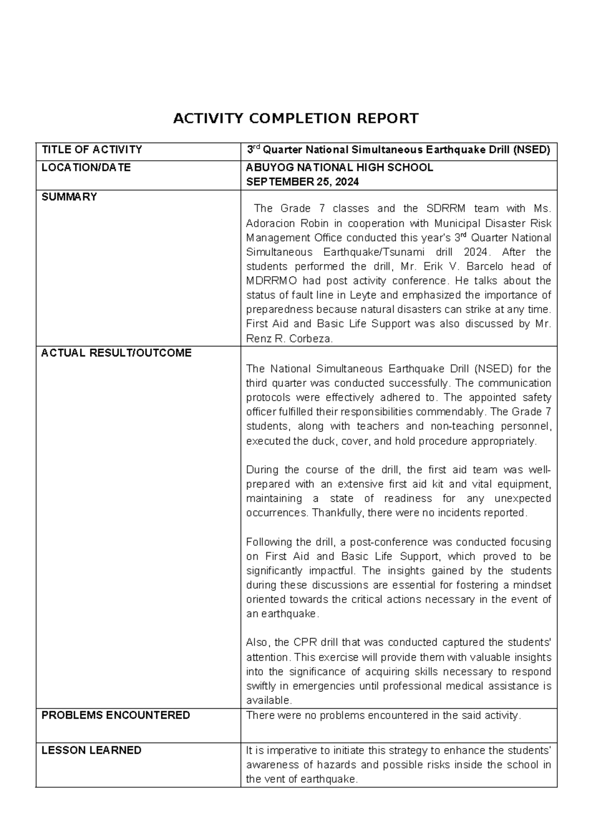 Earthquake Drill Activity Completion Narrative Report - ACTIVITY ...
