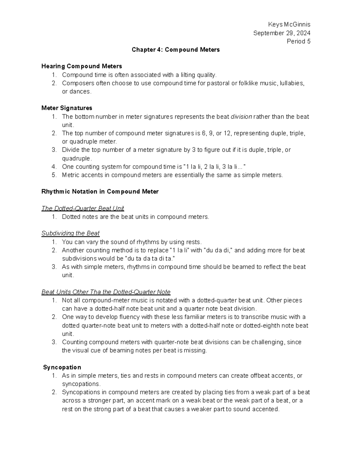 AP Music Theory - Chapter 4 Outline - September 29, 2024 Period 5 ...