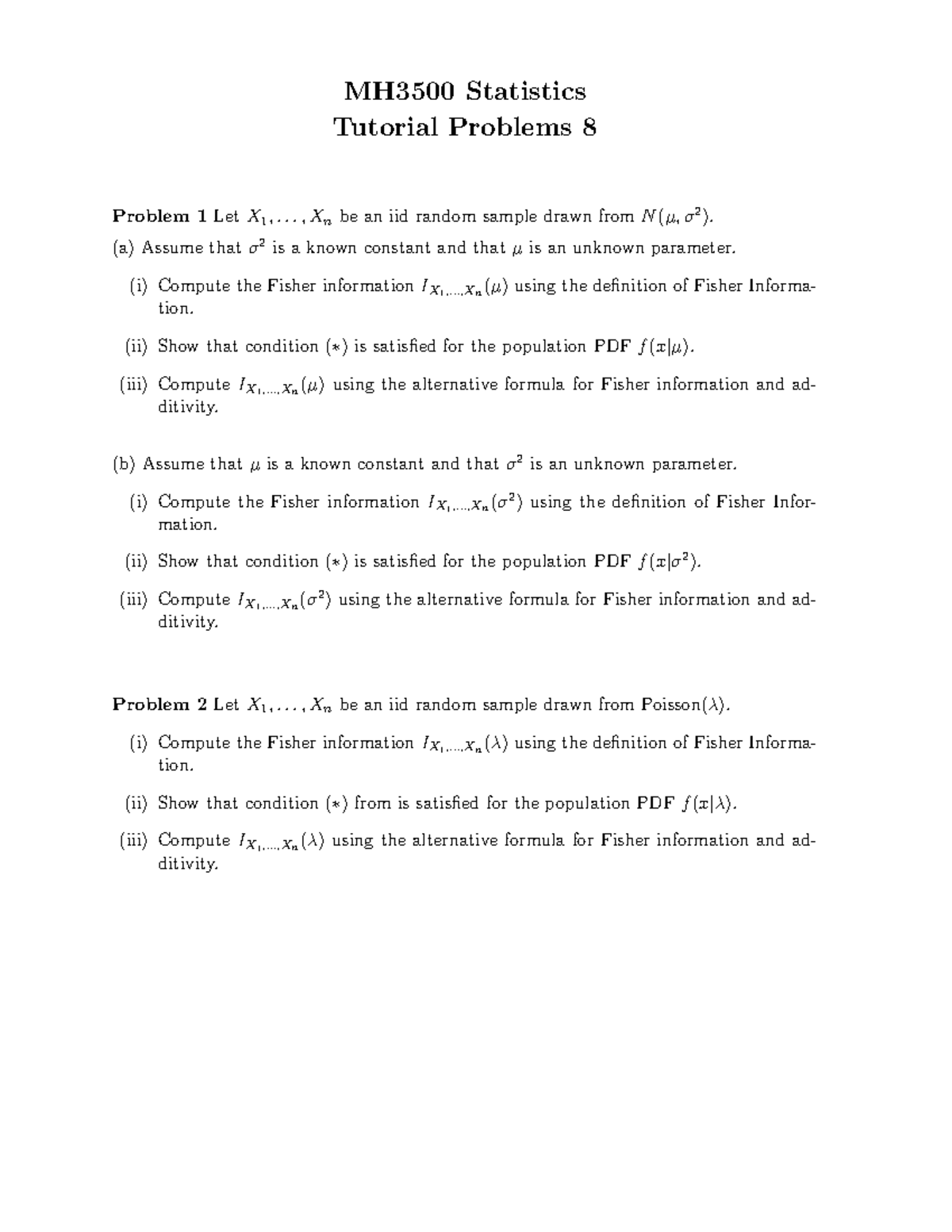 Tutorial 8 MH3500 Notes - MH3500 Statistics Tutorial Problems 8 Problem ...