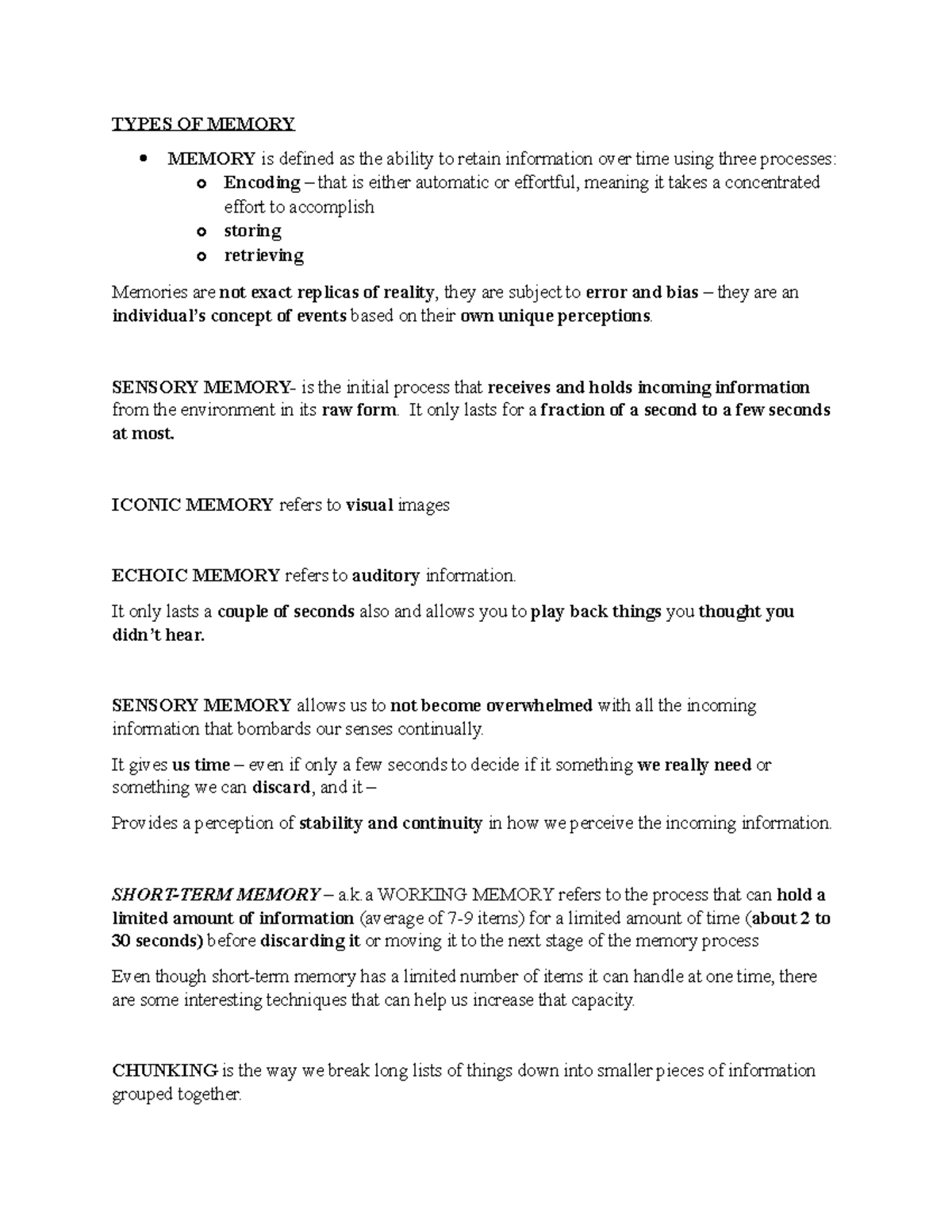 Memory - Ginelle Wolfe lecture notes - TYPES OF MEMORY MEMORY is ...