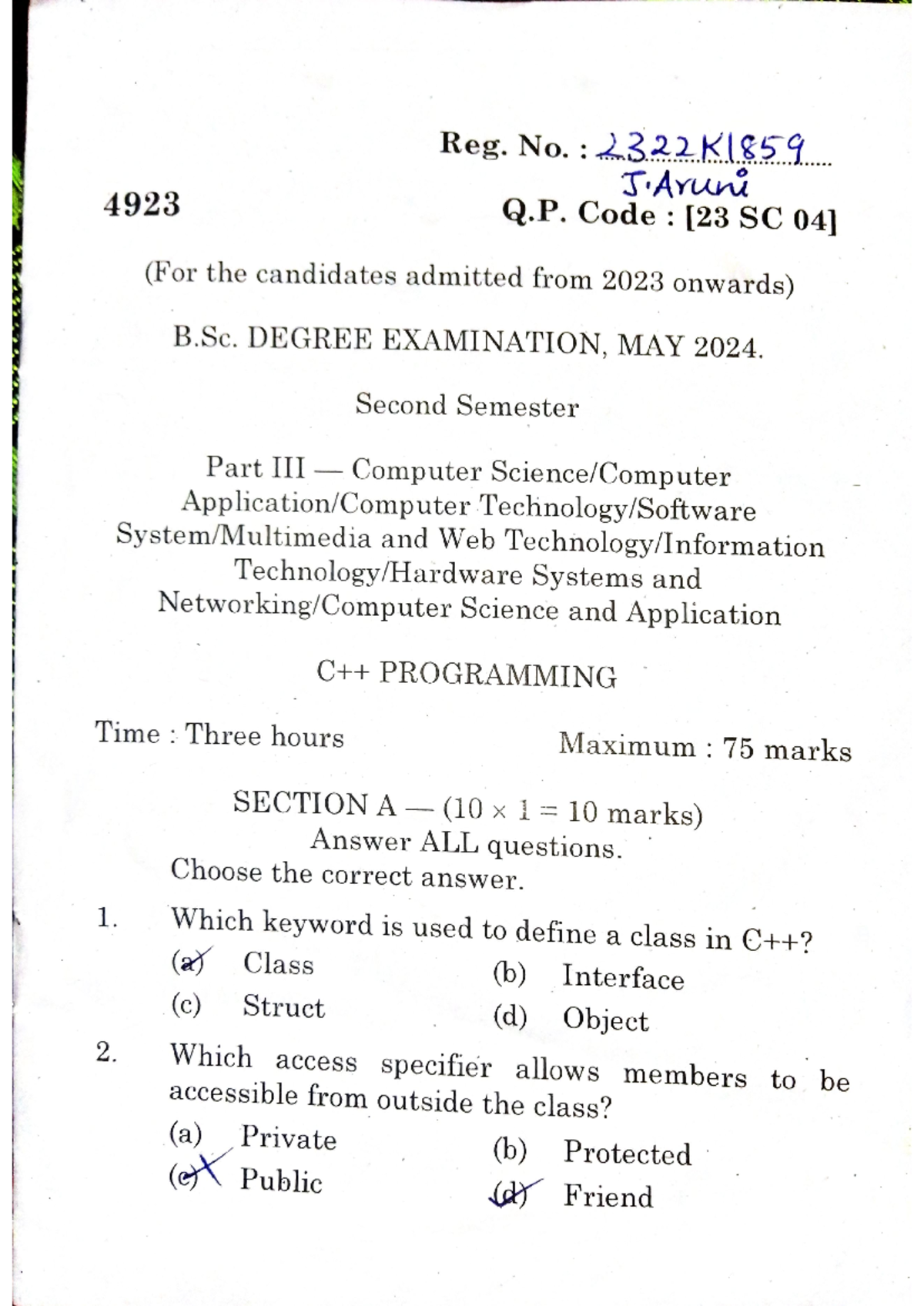 Document 3 - C++ question paper - Reg. No. : 2322K1859 J 4923 Q. Code ...