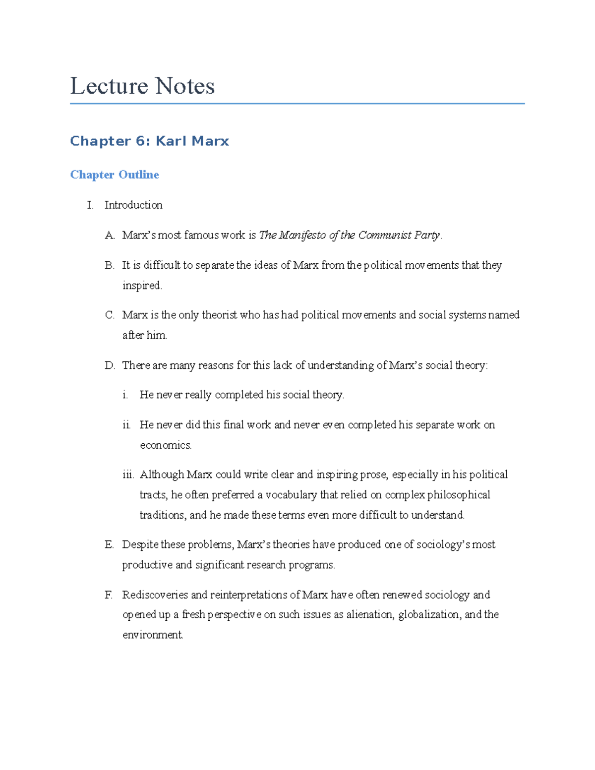 5. Karl Marx Notes - Lecture Notes Chapter 6: Karl Marx Chapter Outline ...