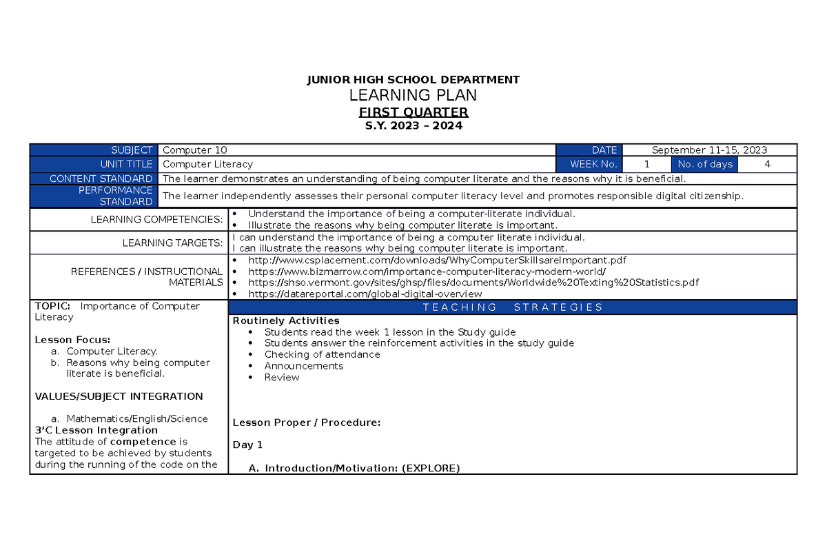 Learning PLAN Computer 10 WEEK 1 - JUNIOR HIGH SCHOOL DEPARTMENT ...