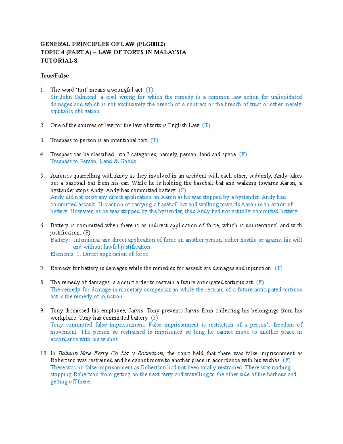 TUT 8 - Topic 4 (PART A) - GPoL - GENERAL PRINCIPLES OF LAW (PLG0012 ...