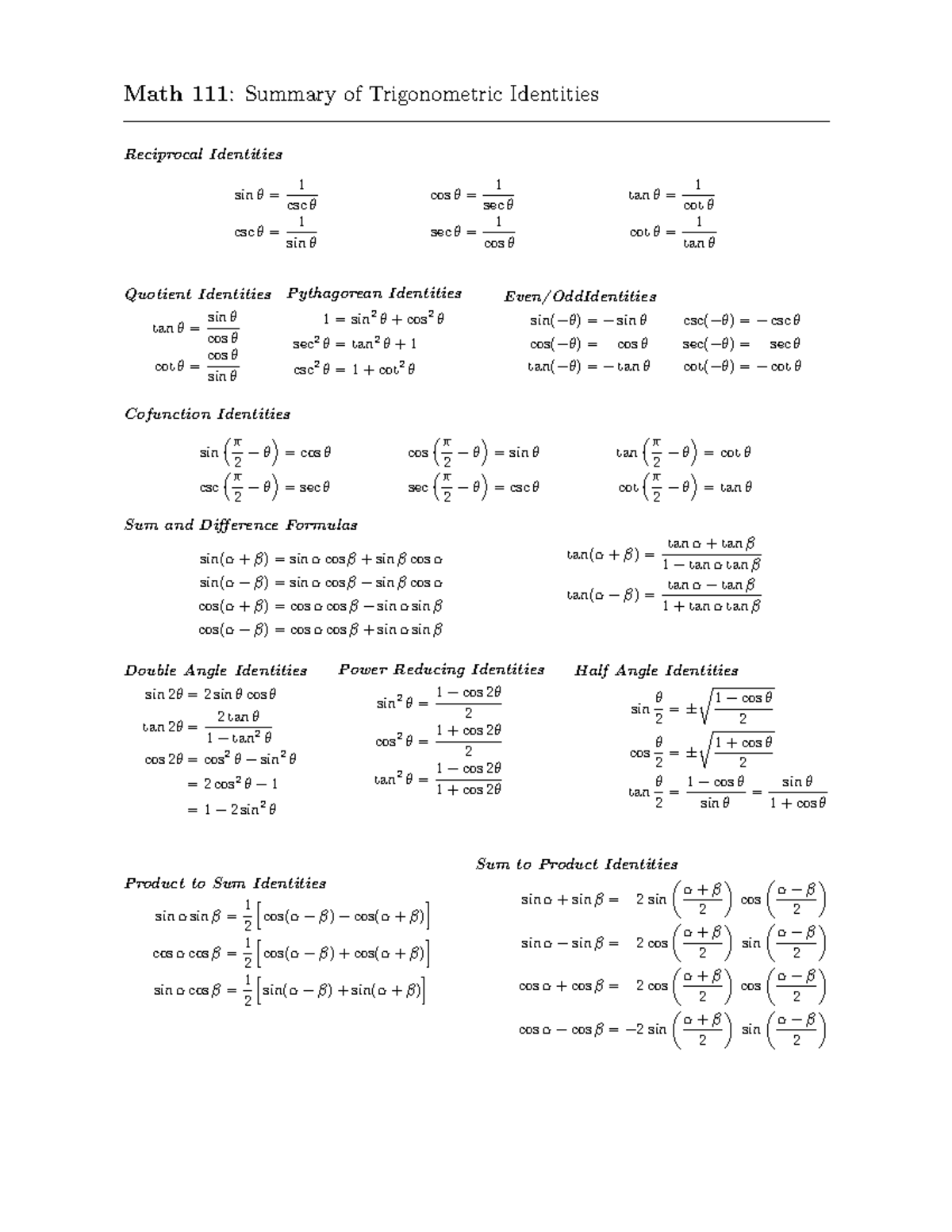 Trigonometric Identities - Math 111: Summary of Trigonometric ...