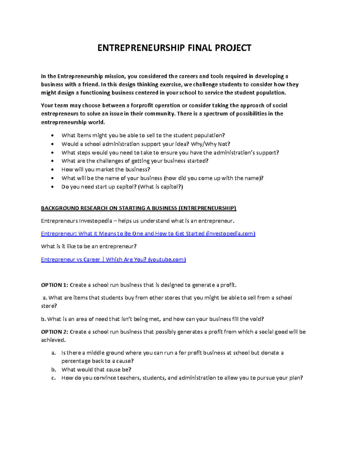 Entrepreneurship Final Project - ENTREPRENEURSHIP FINAL PROJECT In the ...