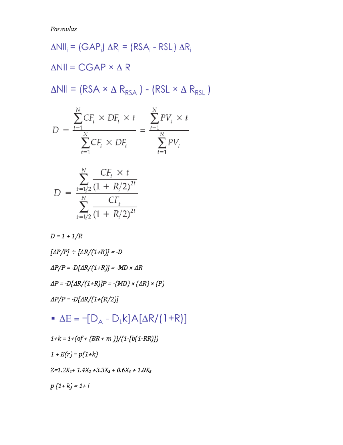 Formulas Exam 1 Fall 2016 - Formulas D = 1 + 1/R [ΔP/P] ̧ [ΔR/(1+R ...