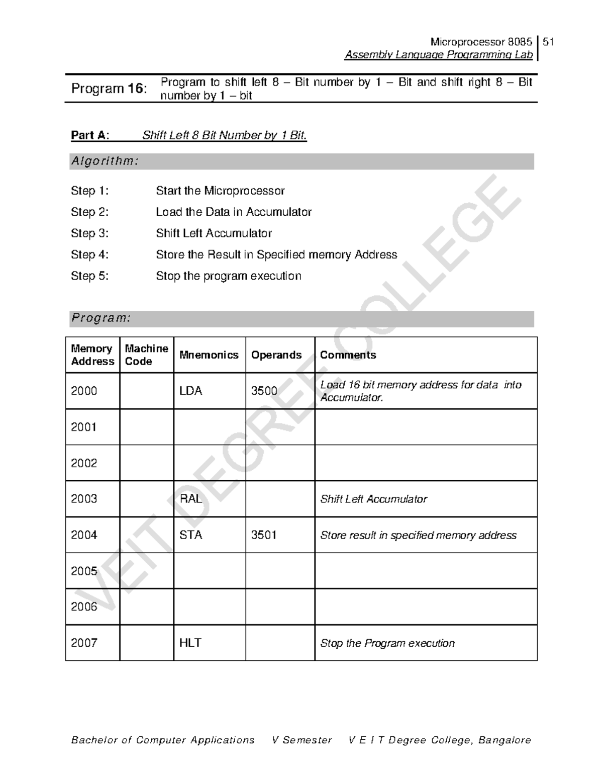 Program 16 - Microprocessor 8085 51 Assembly Language Programming Lab Program to shift left 8 ...