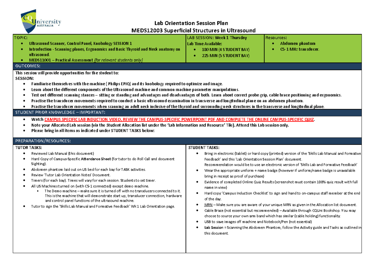 Week 1 Lab Orientation Session Plan - Lab Orientation Session Plan ...