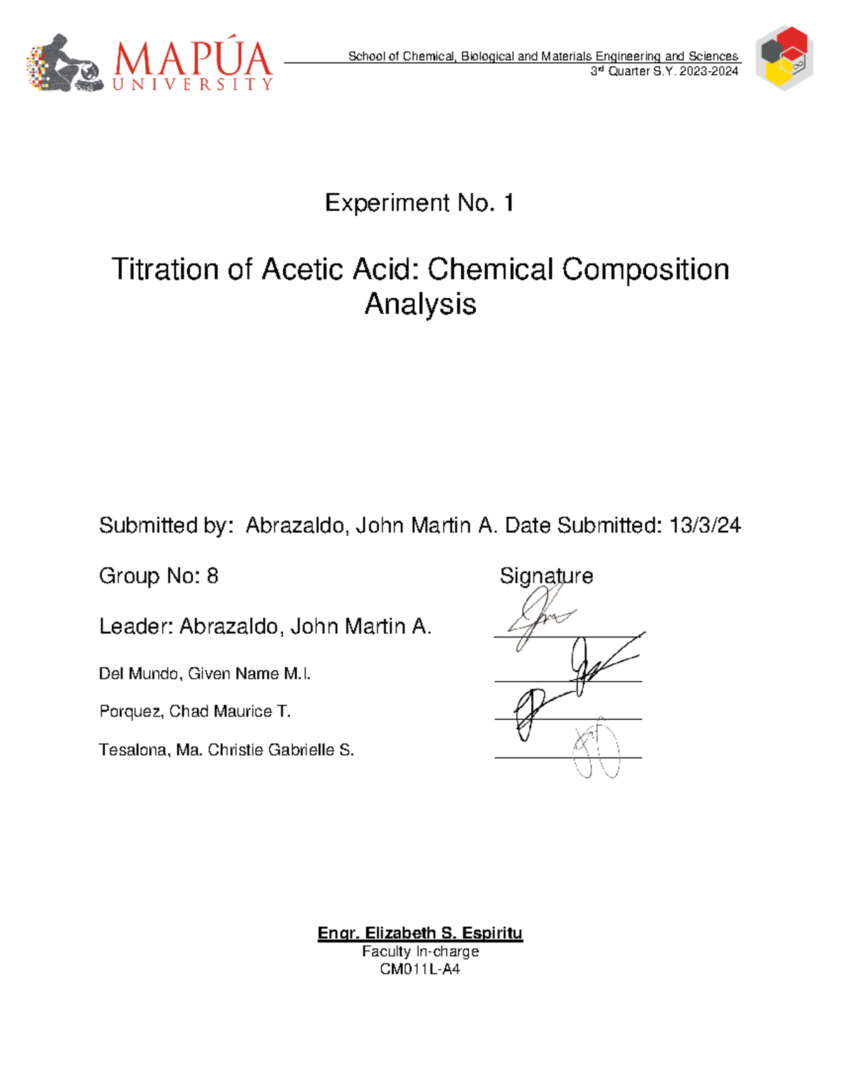 EX1 - lab Report - 3 rd Quarter S. 202 3 - 2024 Experiment No. 1 Titration of Acetic Acid ...