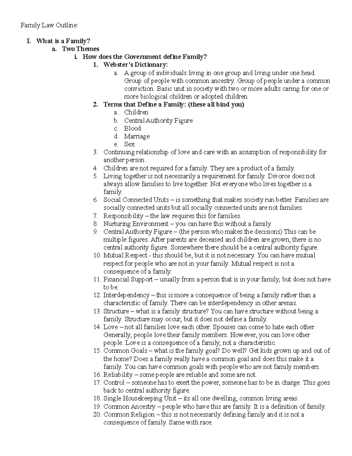Family Law Master Outline - Family Law Outline: I. What is a Family? a ...
