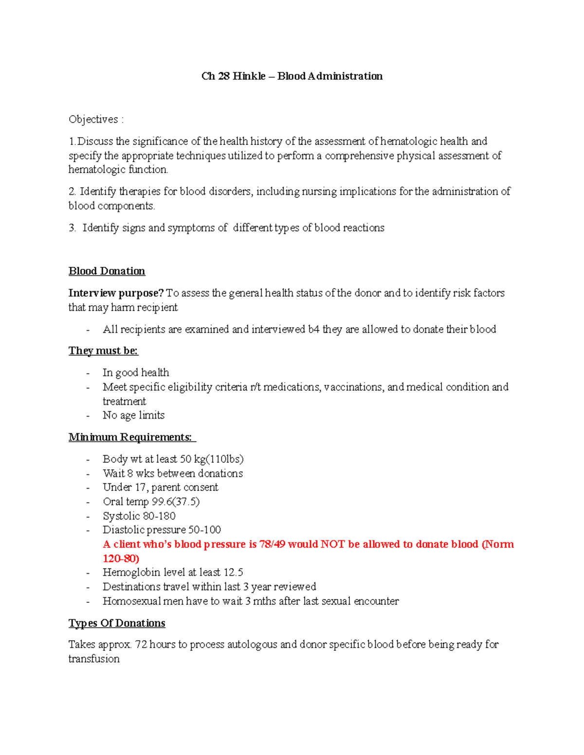 Blood Admin Notes - Ch 28 Hinkle – Blood Administration Objectives : 1 ...