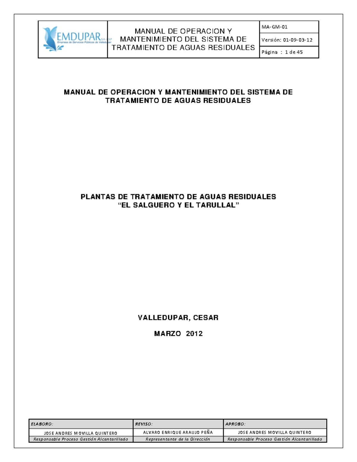 MA-GM-01 Manual DE Operacion Y Mantenimiento PTAR - MANUAL DE OPERACION Y MANTENIMIENTO DEL ...