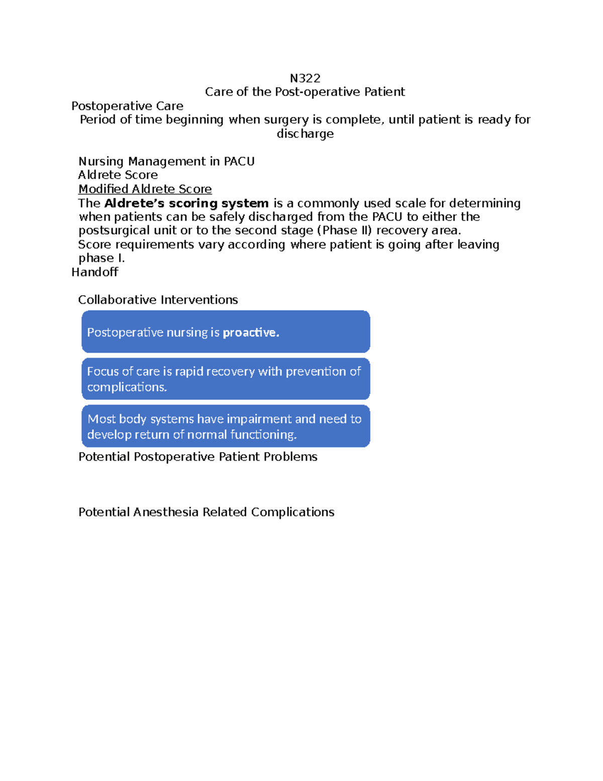 Post operative - Post op - N Care of the Post-operative Patient ...