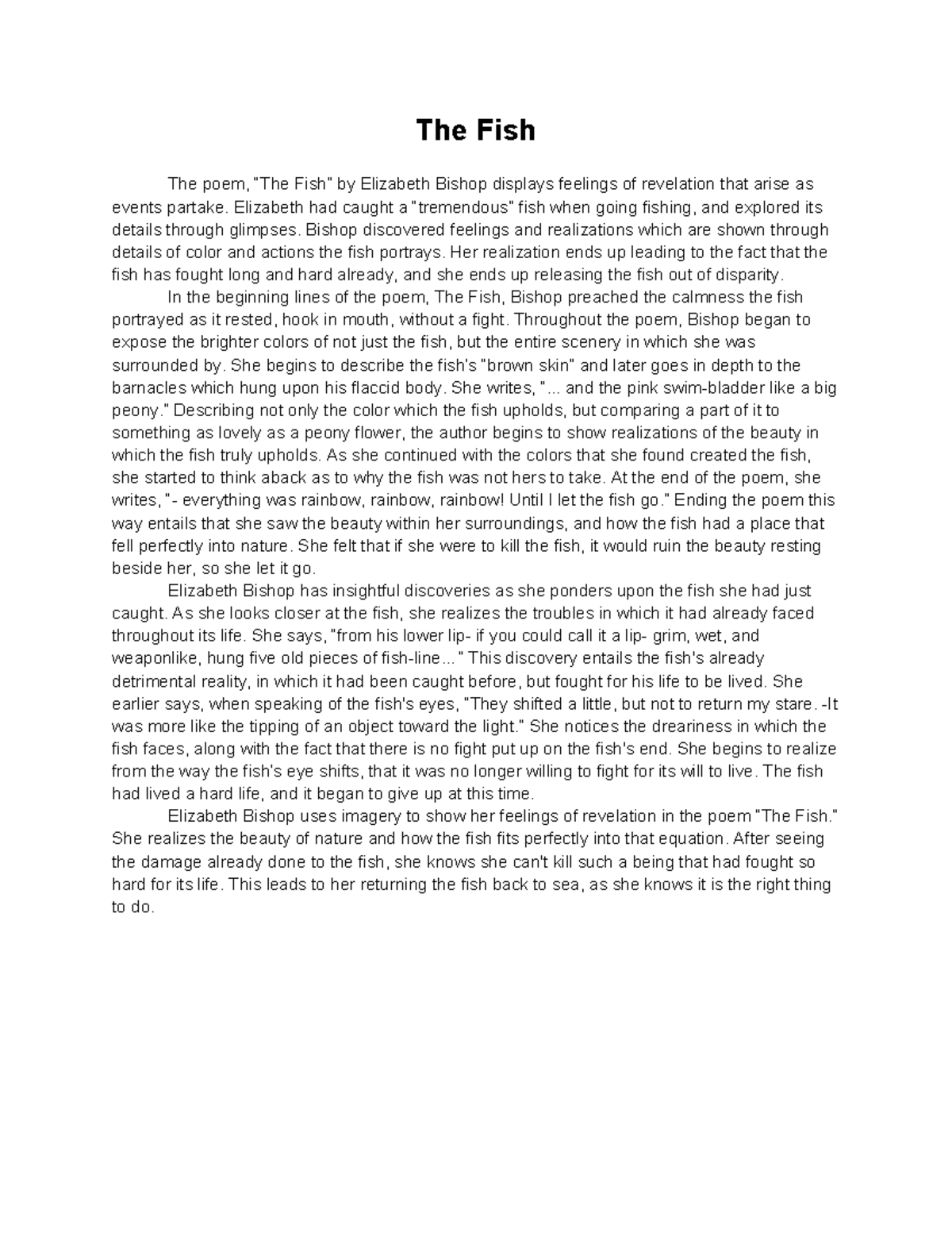 The Fish; writing paper about the poem the fish and how I interpreted ...