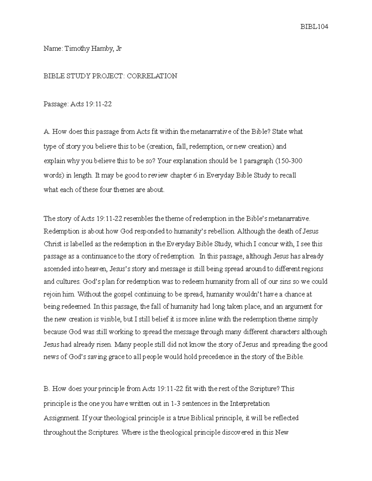 Bible Study Project Correlation - BIBL Name: Timothy Hamby, Jr BIBLE ...