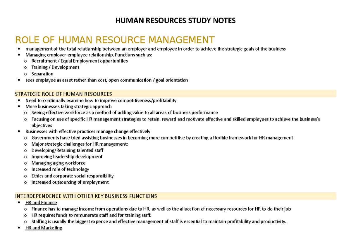 MY Human Resources Study Notes - HUMAN RESOURCES STUDY NOTES ROLE OF ...
