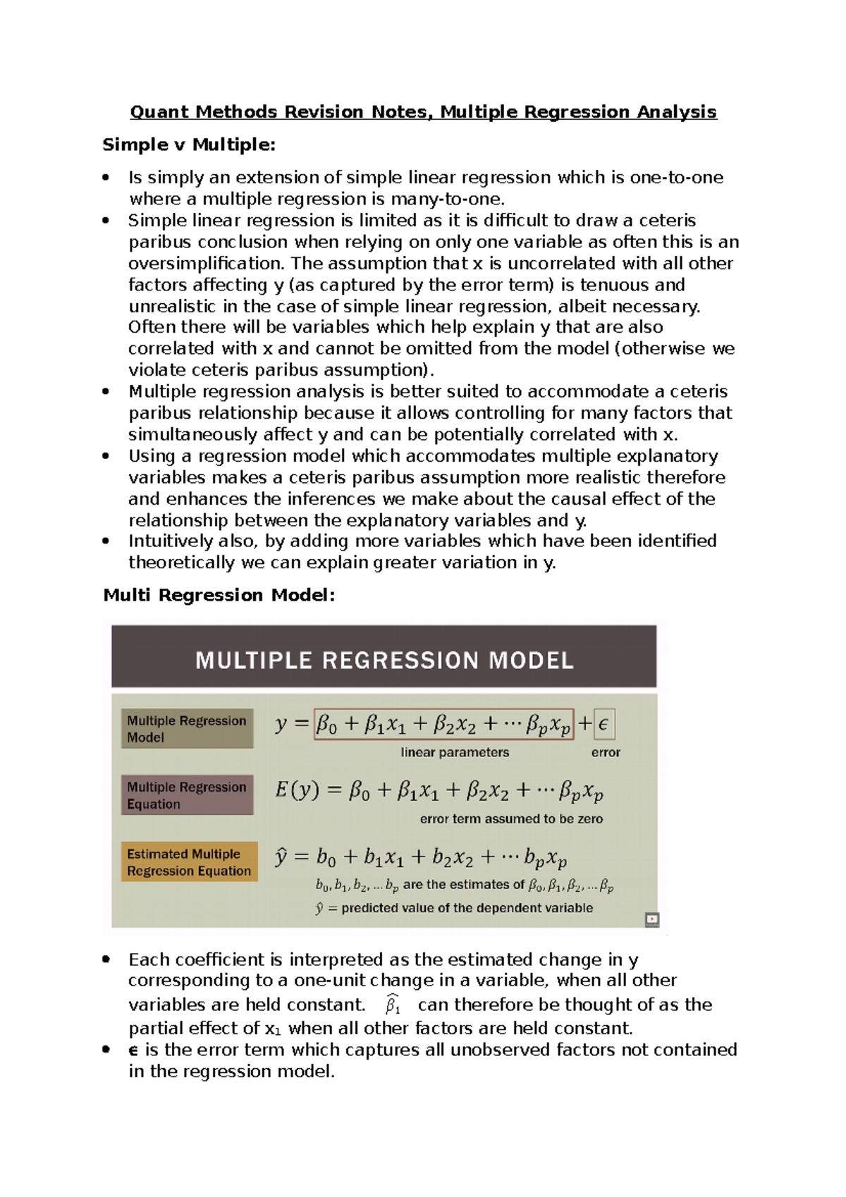 Quant Methods Revision Notes, Multiple Regression Analysis - Simple ...
