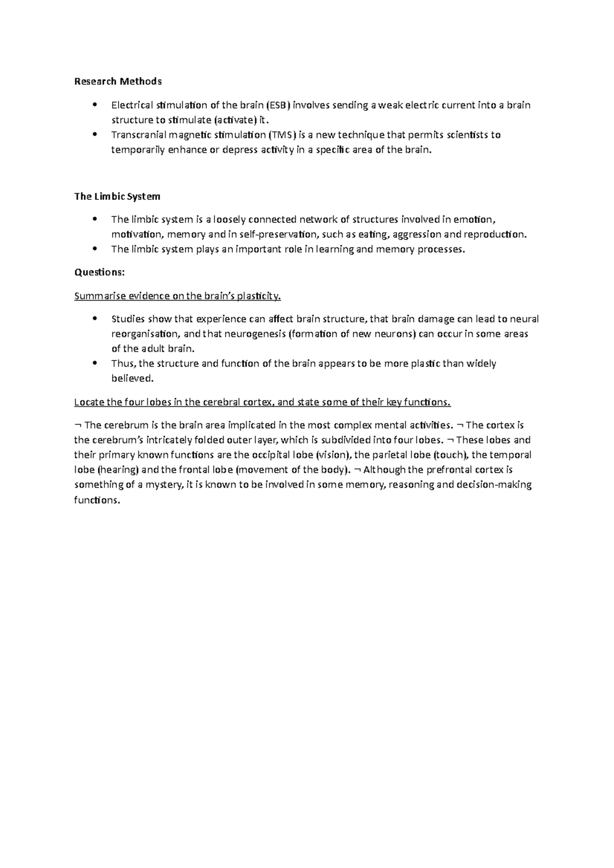 Chapter 3 summary for research methods and limbic system - Research ...