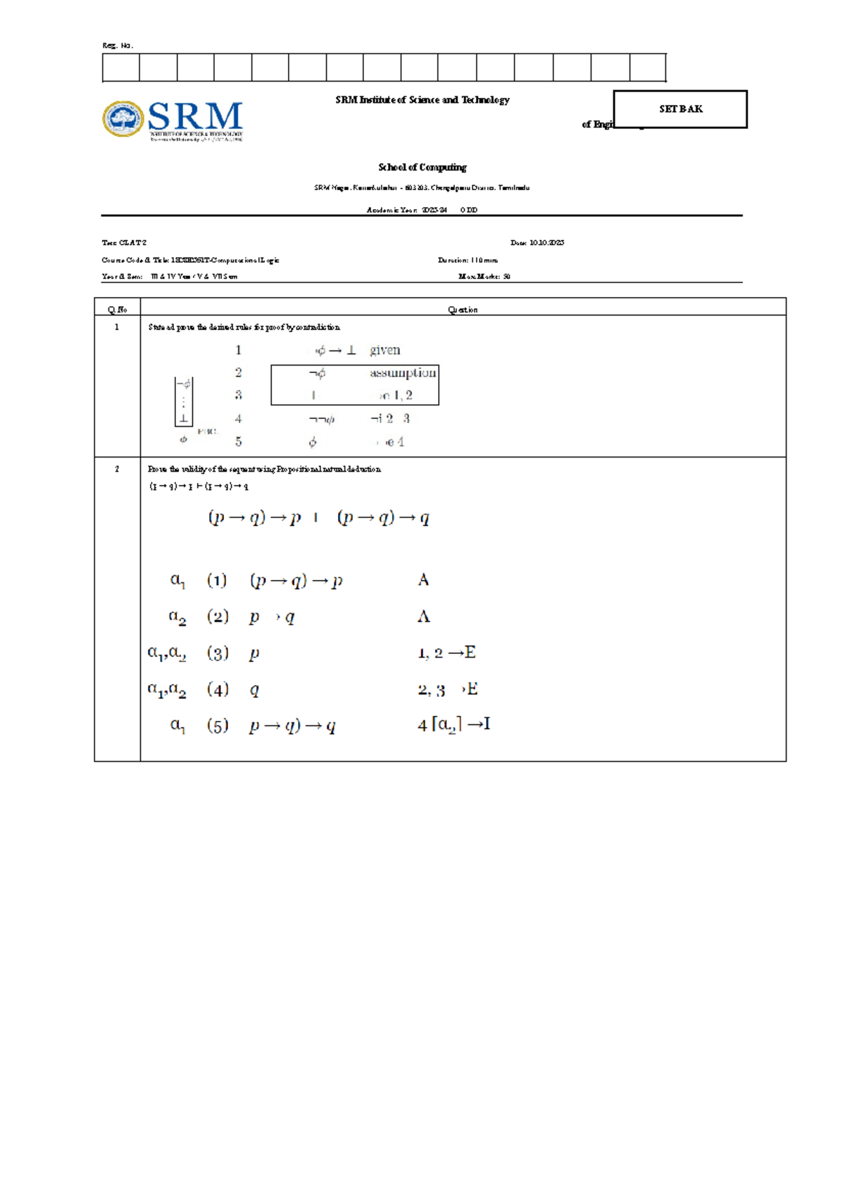 Ct2 Set B Ak Answer Key Of Cl Reg No Srm Institute Of Science And Technology College Of