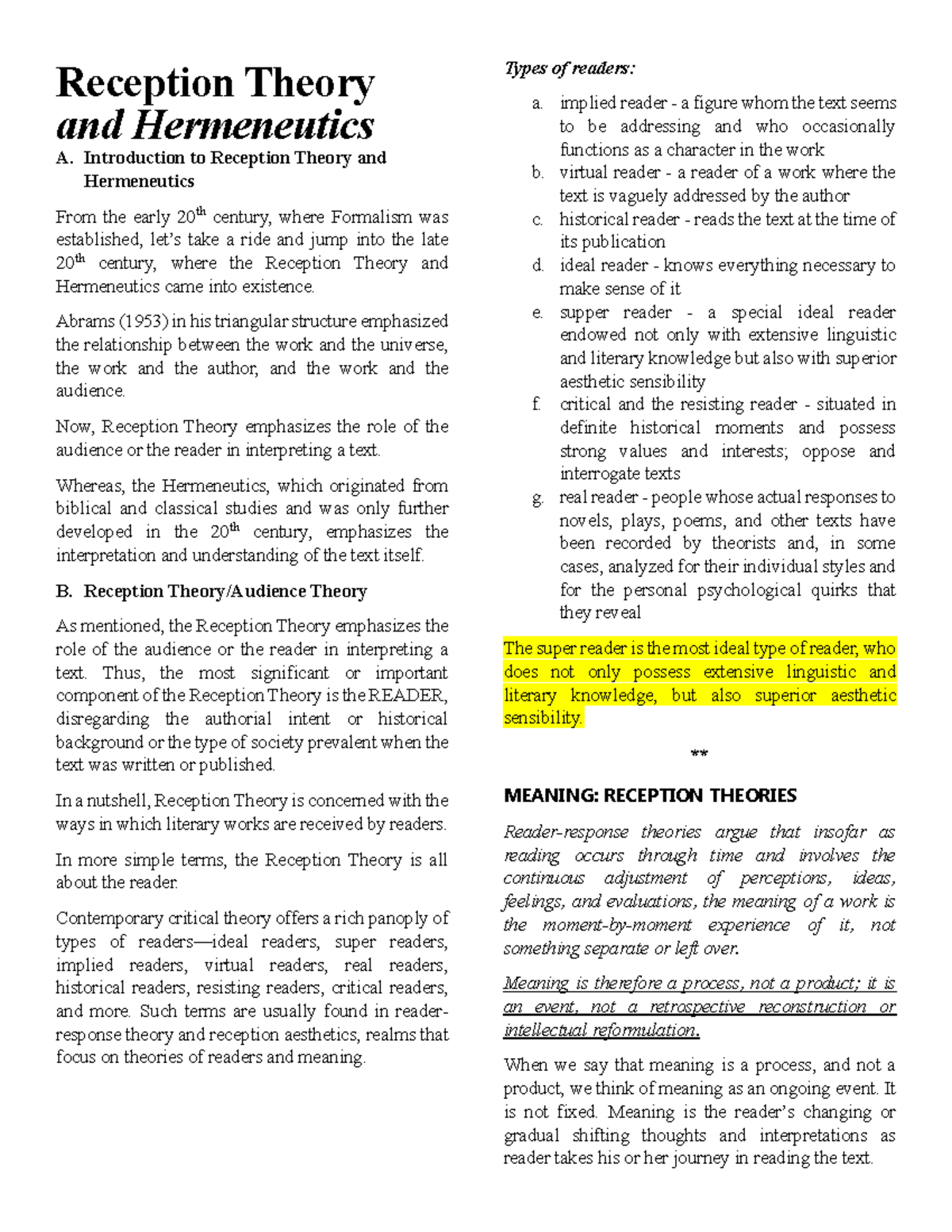 Reception- Theory - okay - Reception Theory and Hermeneutics A ...