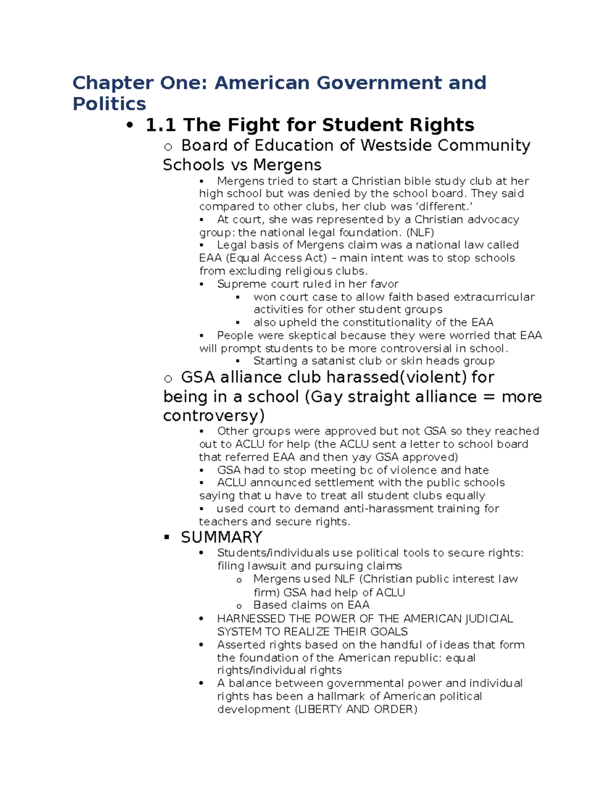 Ch 1 notes - gov - Chapter One: American Government and Politics 1 The ...