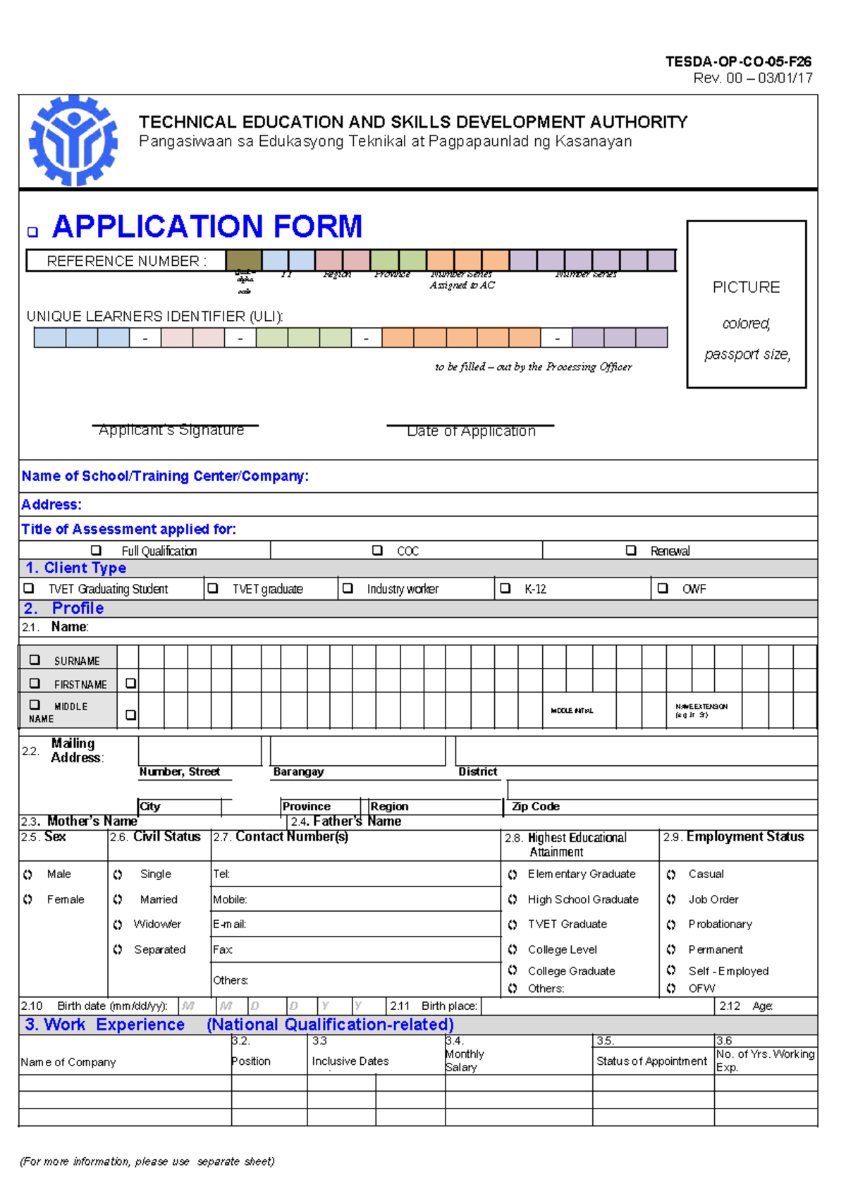 Tesda-OP-CO-05 Competency Assessment Forms - Rev. 00 – 03/01/ . (For ...