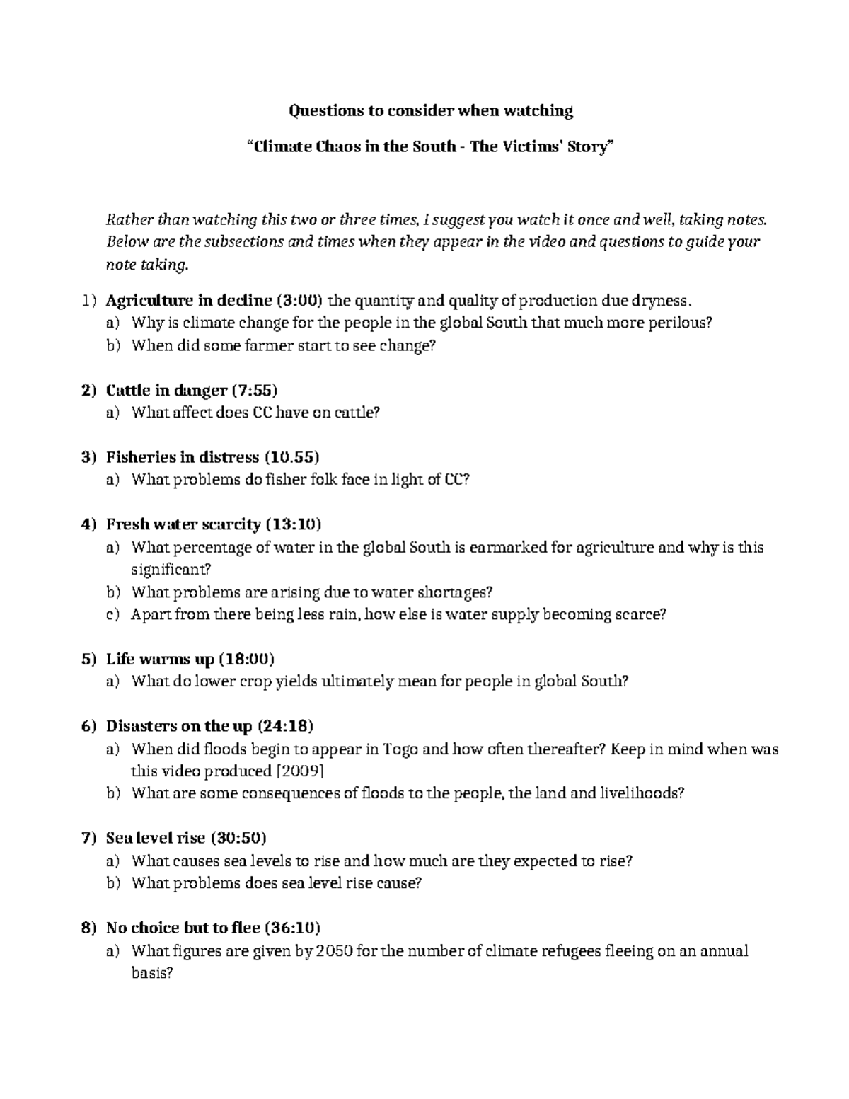 Climate Chaos in the South Study sheet - Questions to consider when ...