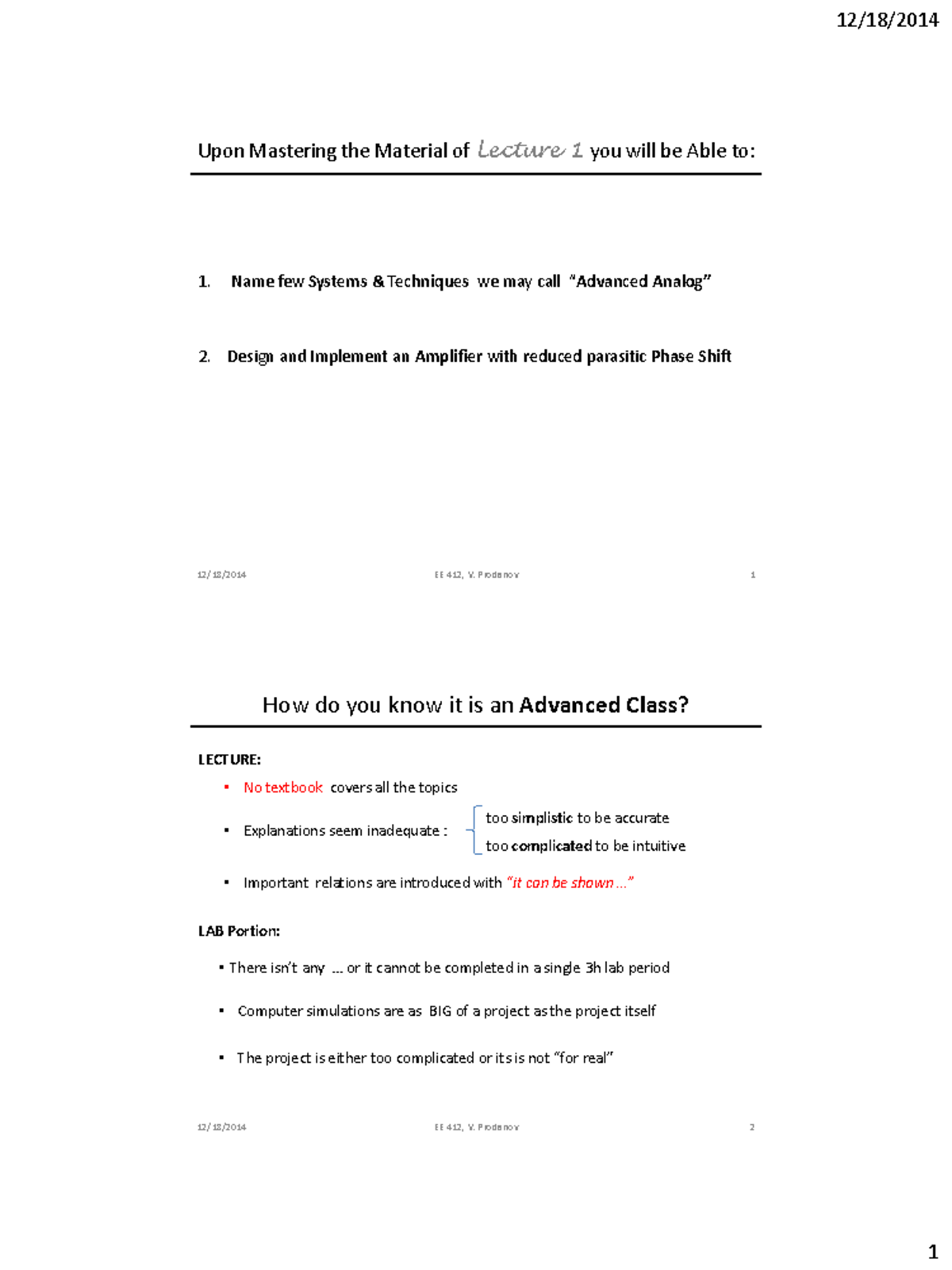 Lec01 - Advanced Analog - Upon Mastering the Material of Lecture 1 you ...