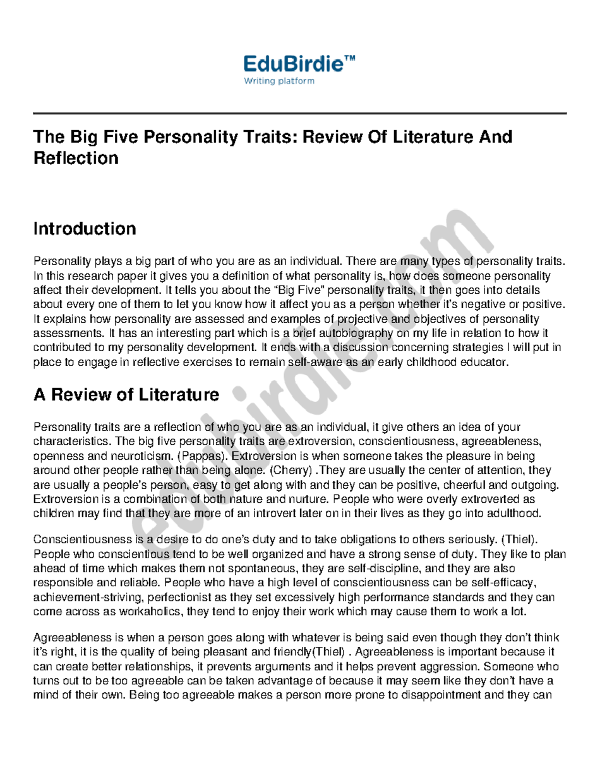 The Big Five Personality Traits Review Of Literature And Reflection ...
