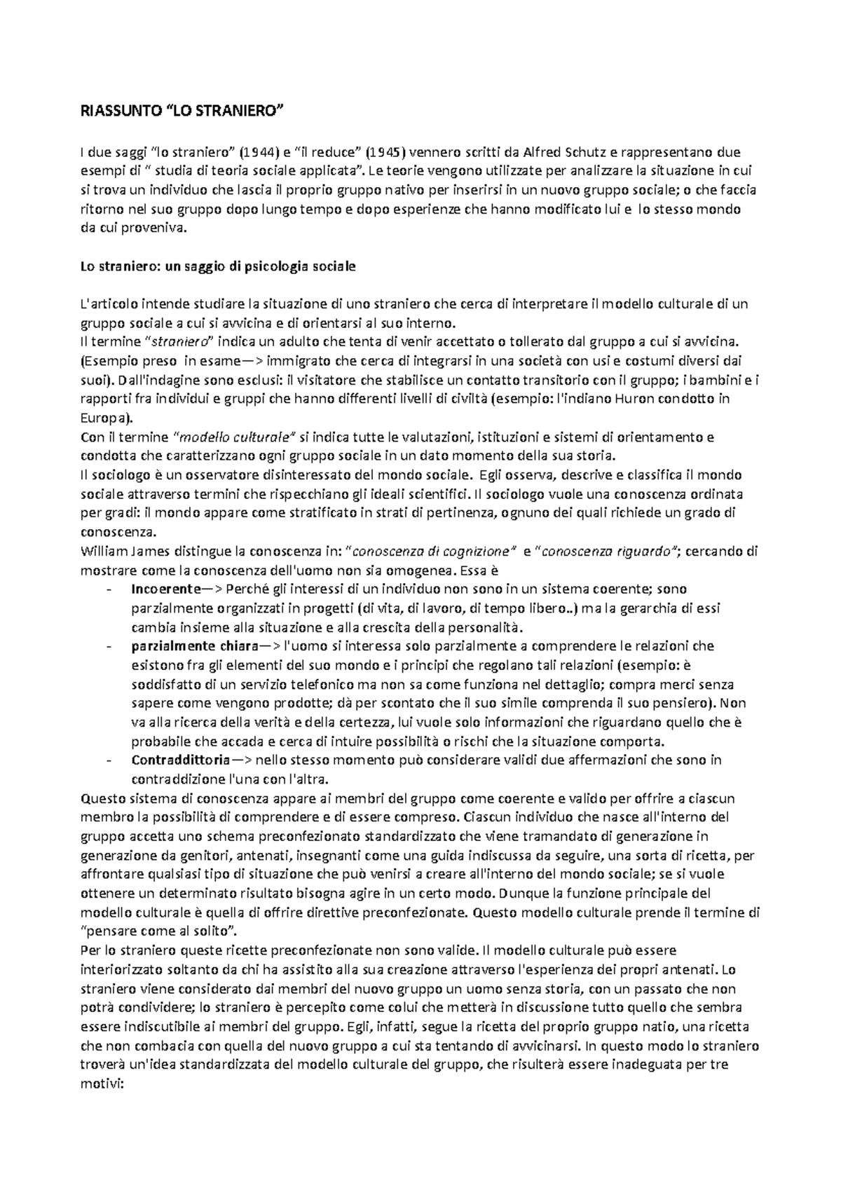 Riassunto lo straniero - Pedagogia interculturale - UniRoma3 - Studocu