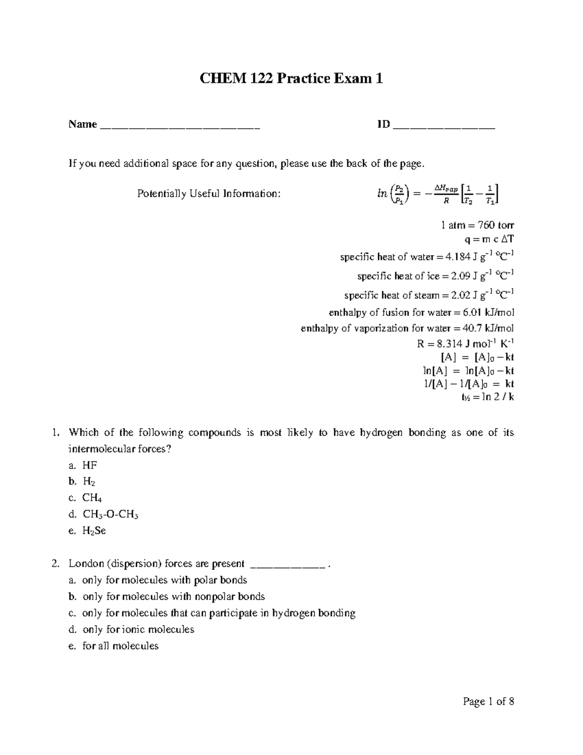 CHEM 122 Practice Exam 1 - CHEM 1 22 Practice Exam 1 Name ...