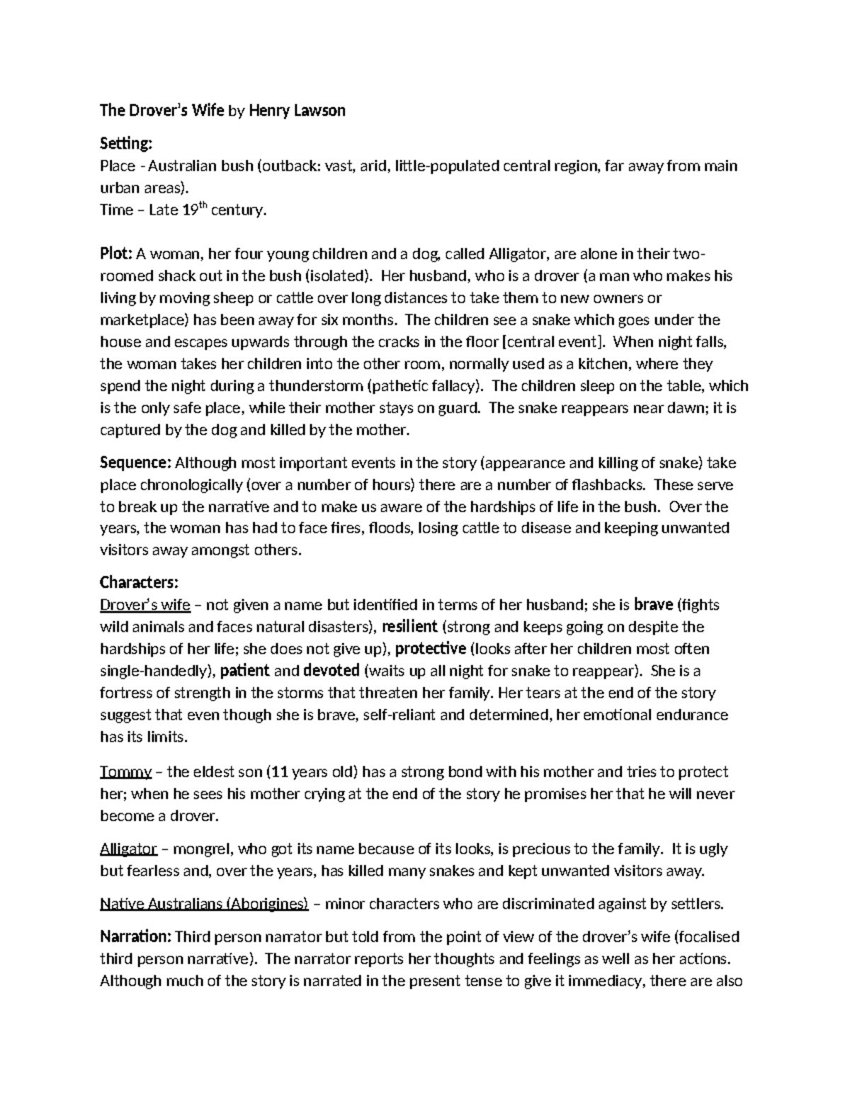 The Drovers Wife - The Drover's wife introductory note - The Drover’s ...