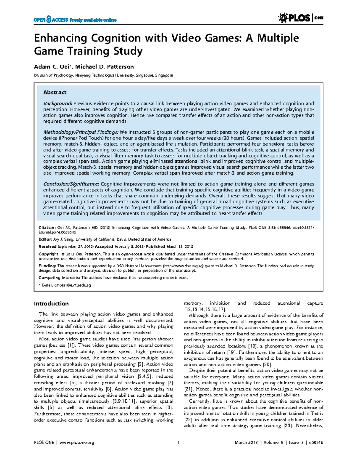 Article - reading - Enhancing Cognition with Video Games: A Multiple ...