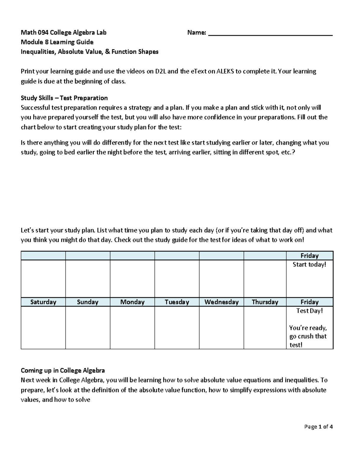 Mod 8 Learning Guide - Math 094 College Algebra Lab Name