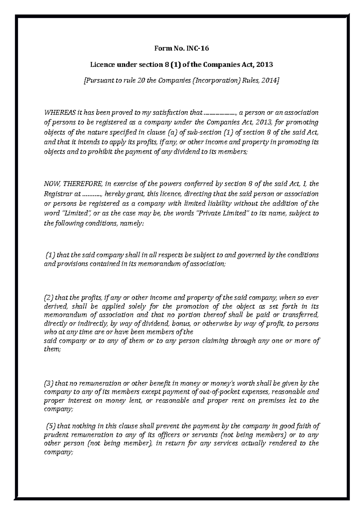 INC-16 Licence under section 8 (1) of the Companies Act, 2013 - Form No ...