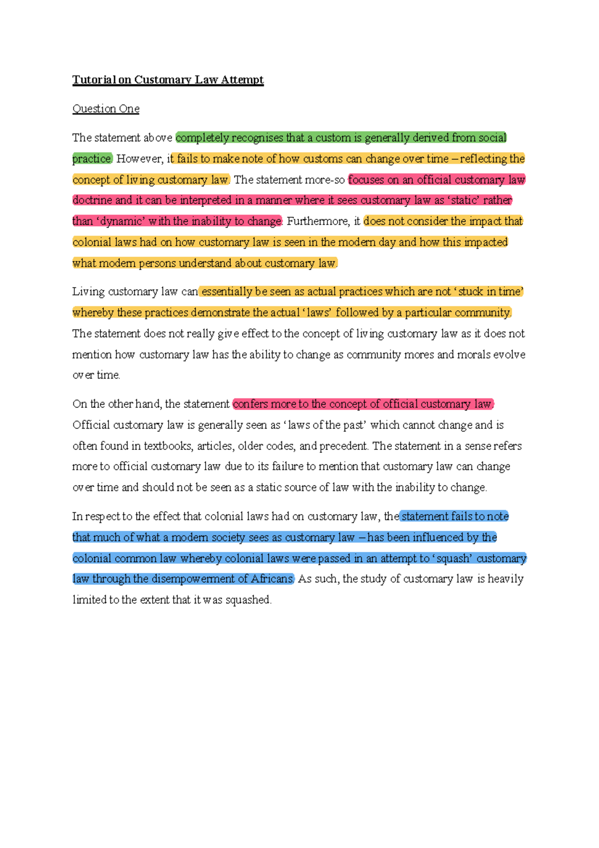 Tutorial on Customary Law Memo Introduction to Laws - Tutorial on ...