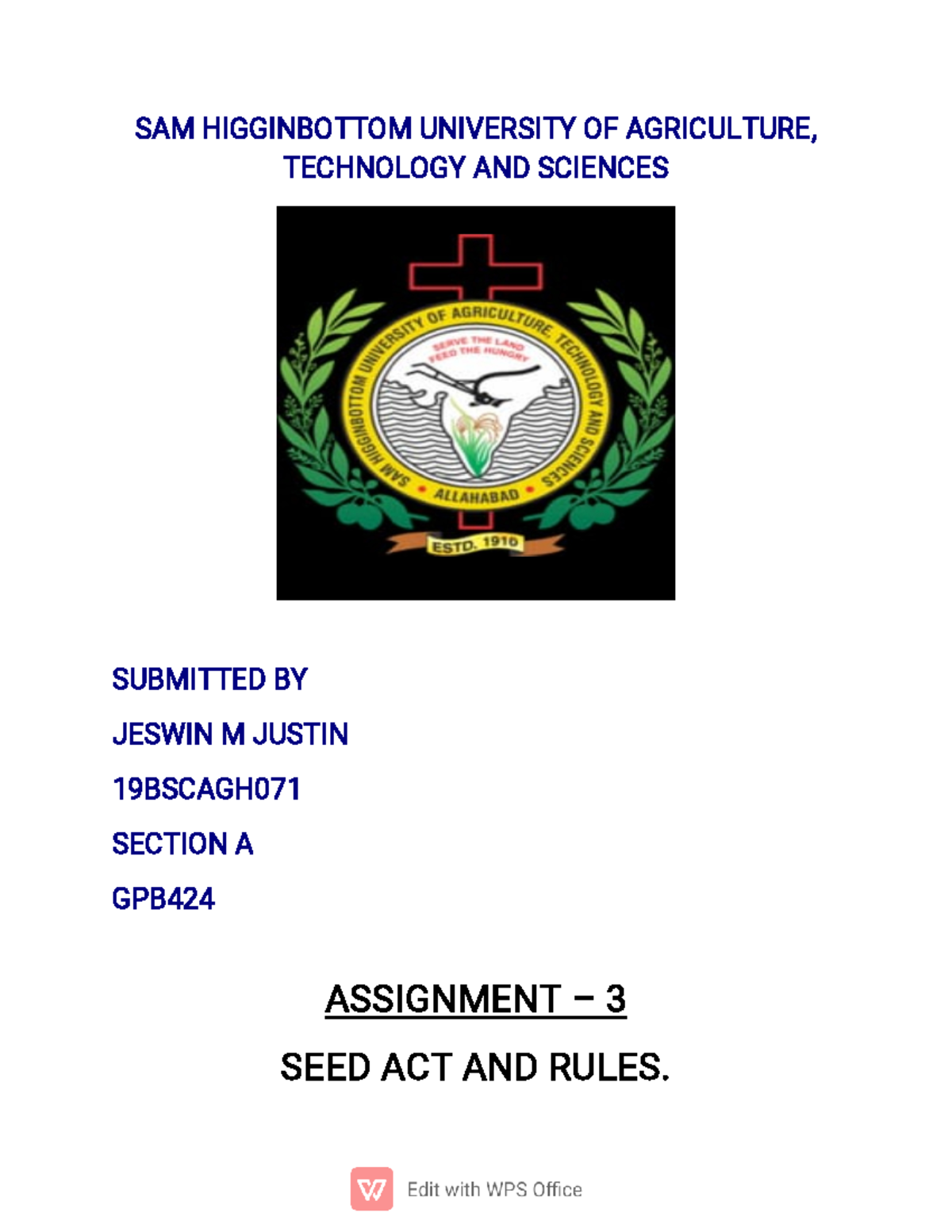 SEED ACT AND Rules - SAM HIGGINBOTTOM UNIVERSITY OF AGRICULTURE ...