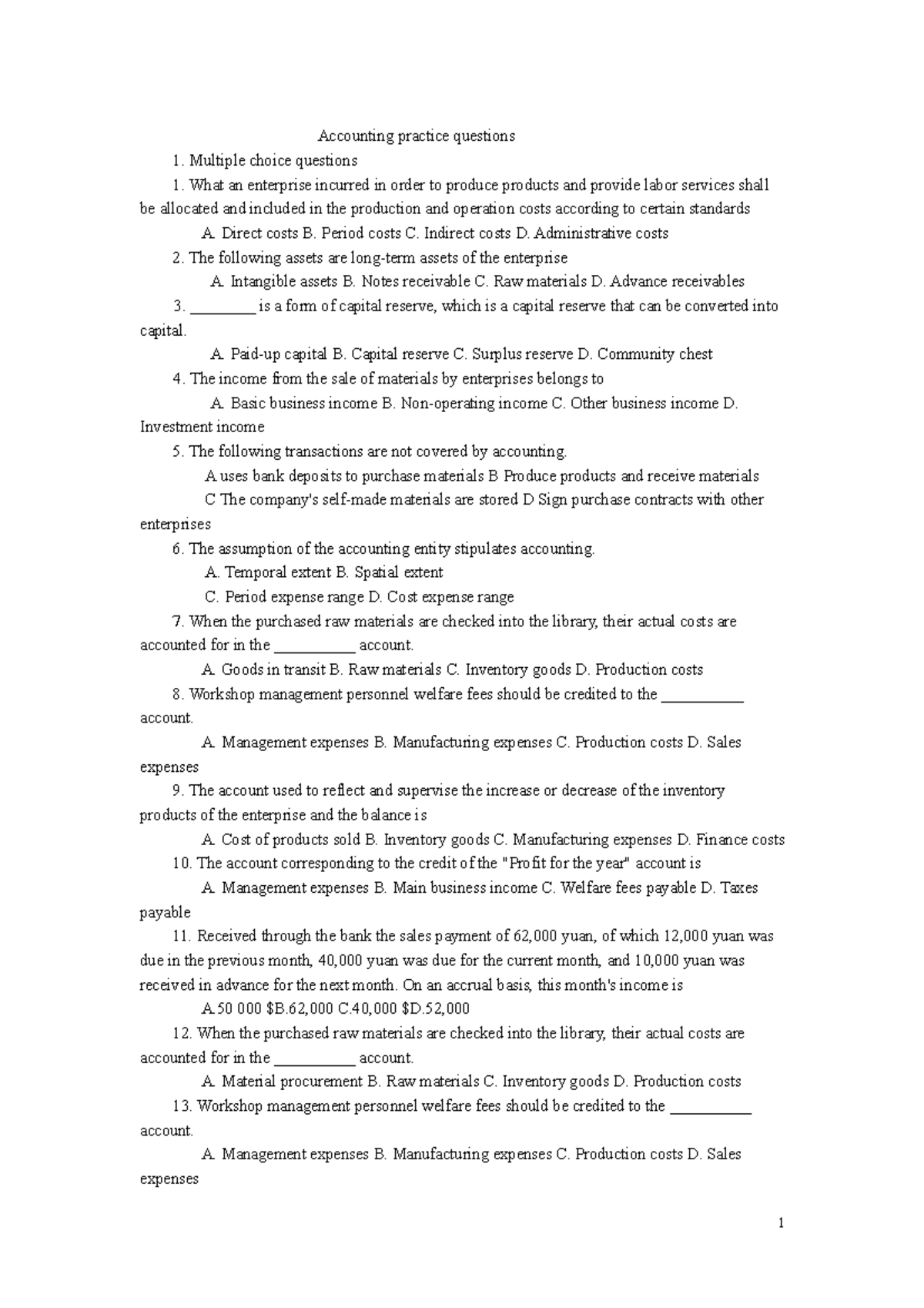 Accounting practice questions - Accounting practice questions Multiple ...