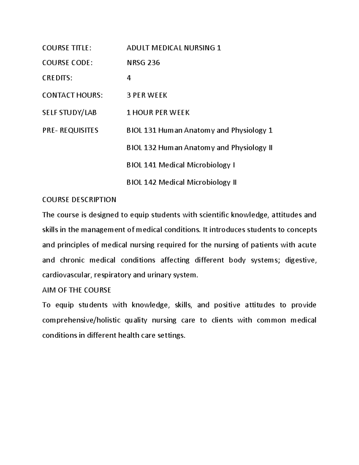 Adult Medical Nursing I Course Outline - COURSE TITLE: ADULT MEDICAL ...