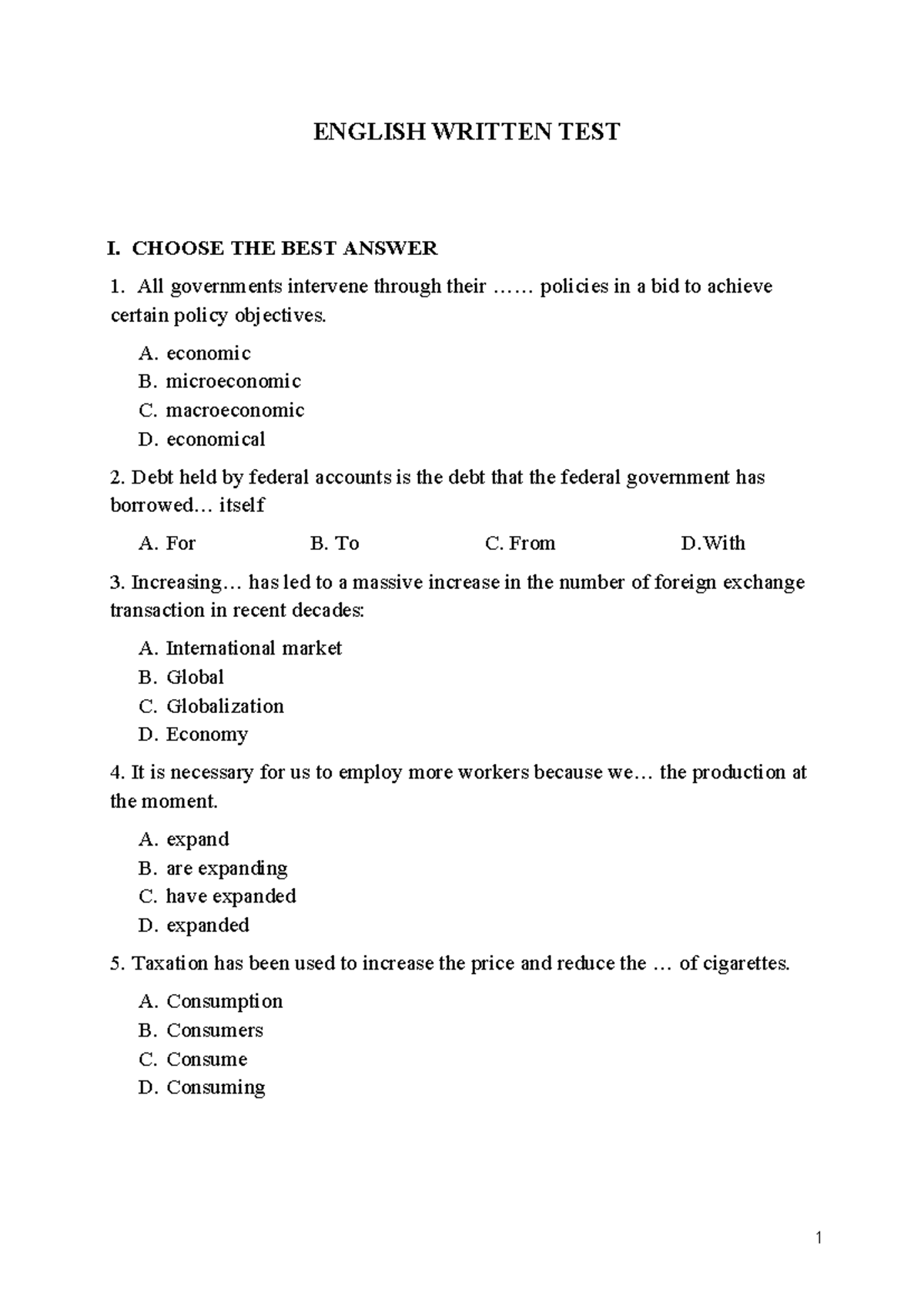 Đề-5 - ............... - ENGLISH WRITTEN TEST I. CHOOSE THE BEST ANSWER ...
