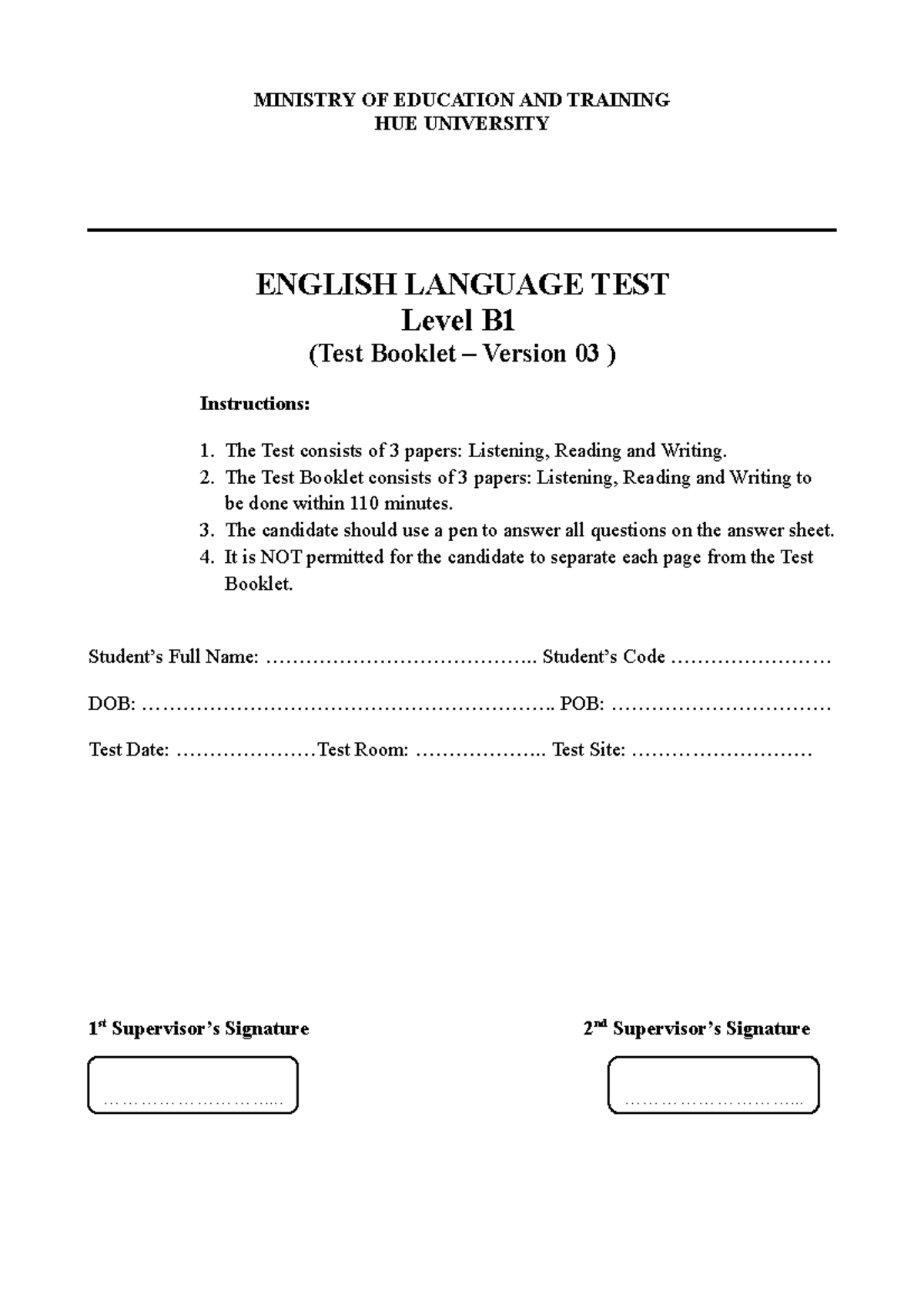 Test Paper - MINISTRY OF EDUCATION AND TRAINING HUE UNIVERSITY ENGLISH ...