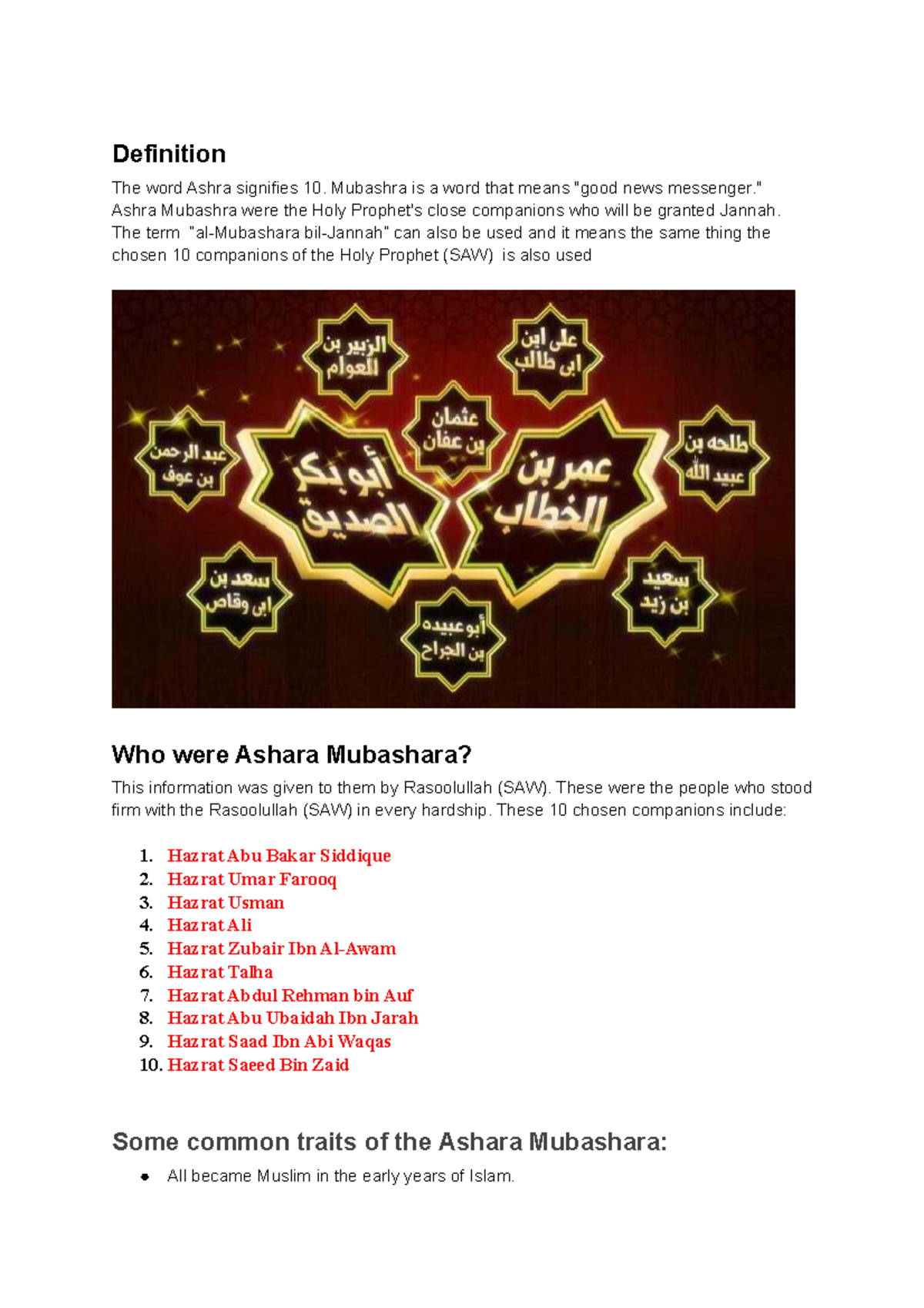 Ubaid ashara mubashara - Definition The word Ashra signifies 10 ...