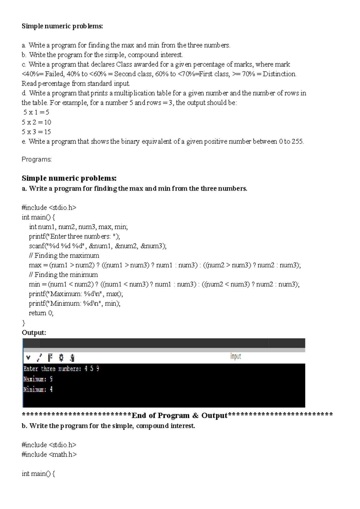 Jntuh - R23 PPS LAB Manual - week 2 - Simple numeric problems: a. Write a program for finding ...