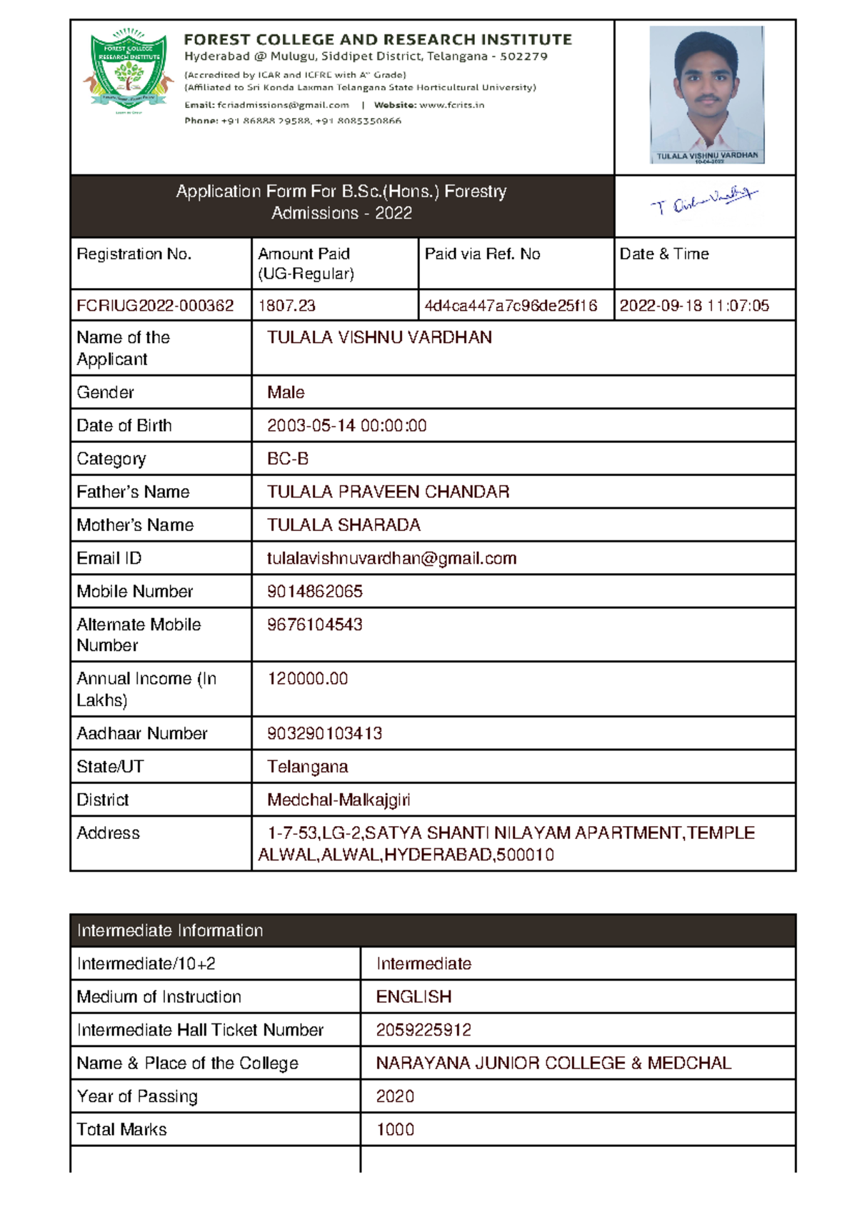 FCRI Acknowledgment Form - Application Form For B.(Hons.) Forestry ...