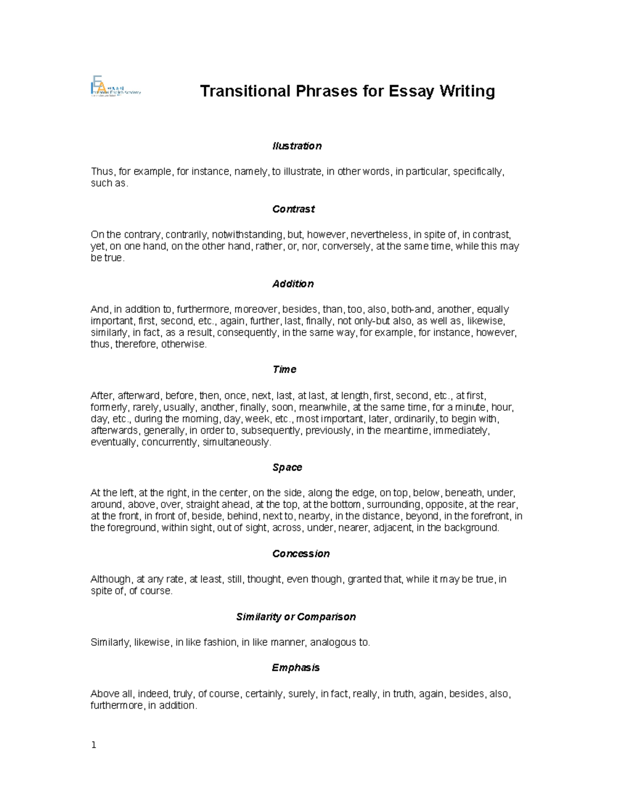 Transitions Phrases for Essay Writing v3 - Transitional Phrases for ...